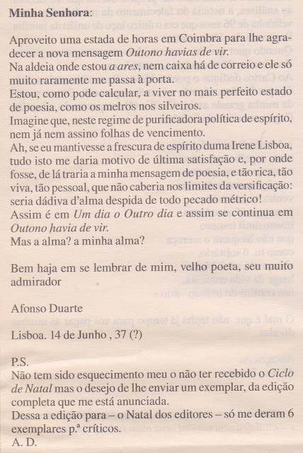 Carta de Afonso Duarte a Irene Lisboa - Irene Lisboa... Tenho Tempo