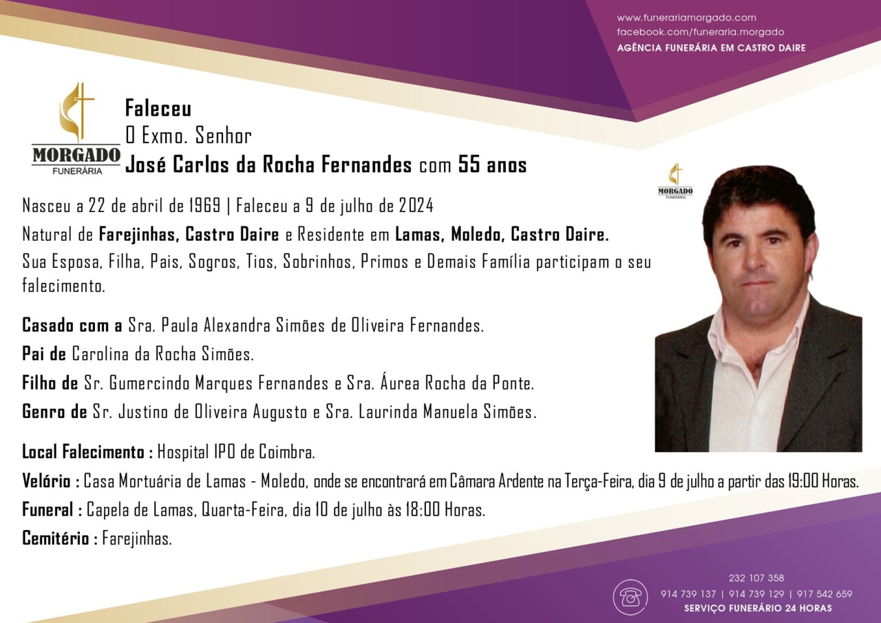 FALECEU o Sr. José Carlos da Rocha Fernandes com 55 Anos (Castro Daire) - FUNERÁRIA MORGADO