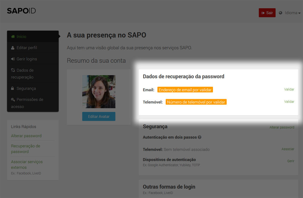 Dados de recuperação da conta SAPO - Ajuda Blogs